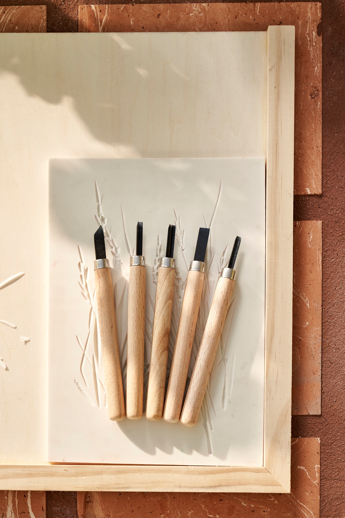 Set de linogravure | Fer/bois de hêtre. 13 x 1 cm. 5 pcs. | Nature