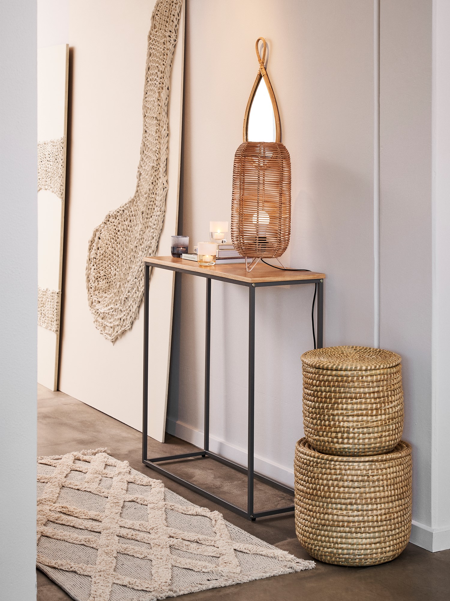 Console table | MDF/ash wood/iron. 80 x 30 x 80 cm. | Warm Grey